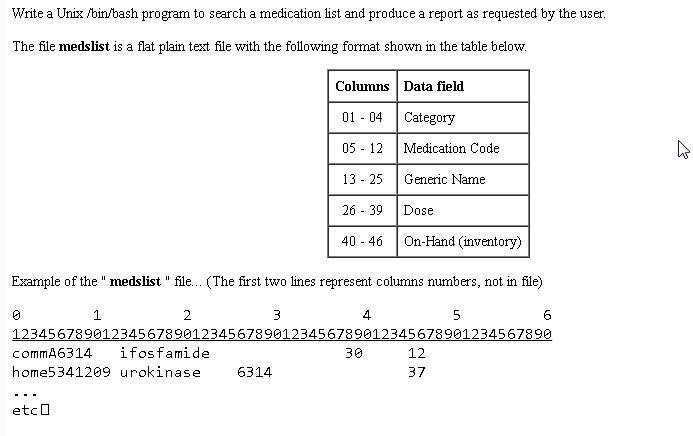 Solved Write a Unix /bin/bash program to search a medication | Chegg.com