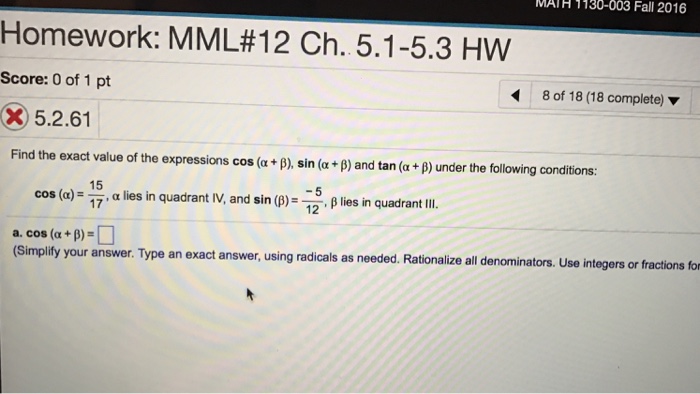 Solved Find the exact value of the expressions cos (alpha + | Chegg.com