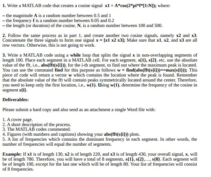 Solved 1. Write a MATLAB code that creates a cosine signal | Chegg.com