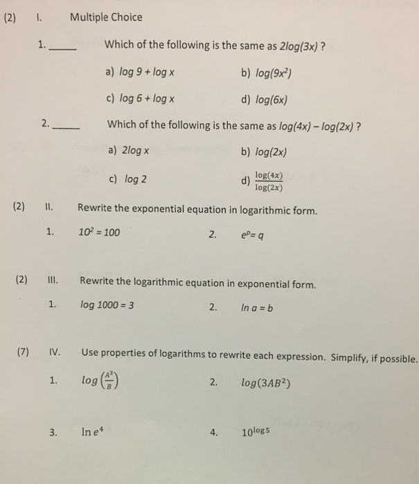 Solved Which of the following is the same as 2log(3x)? | Chegg.com