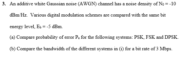 Solved An additive white Gaussian noise (AWGN) channel has a | Chegg.com