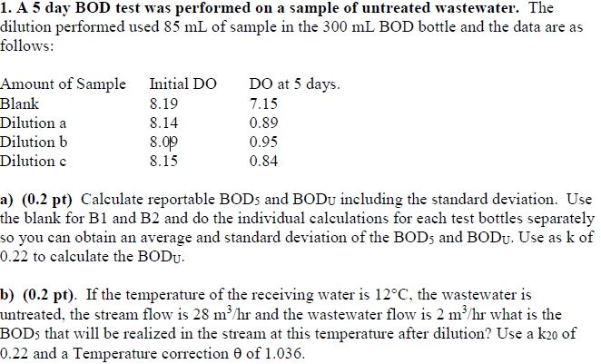 Solved 1. A 5 day BOD test was performed on a sample of | Chegg.com