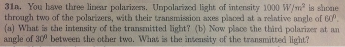 Solved You have three linear polarizers. Unpolarized light | Chegg.com