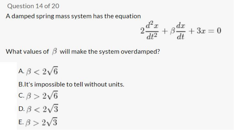 Solved A damped spring mass system has the equation 2 d^2 | Chegg.com
