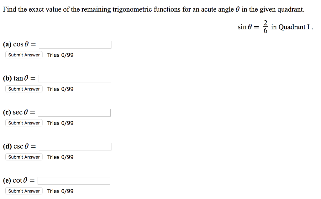 Solved Find the exact value of the remaining trigonometric | Chegg.com