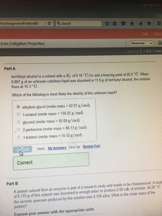 Solved tert-Butyl alcohol is a solvent with a K_f of 9.10 | Chegg.com