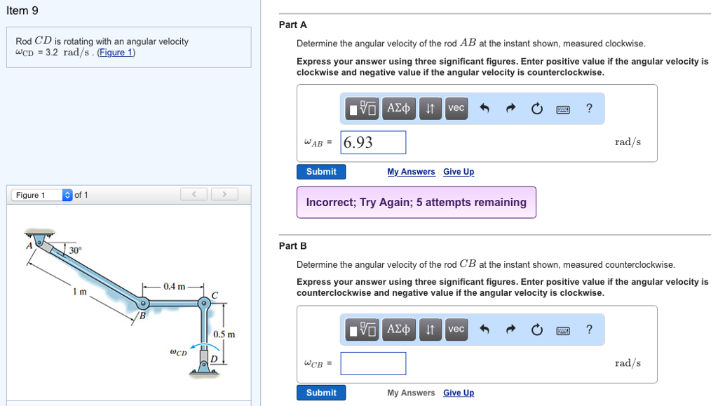 Solved Rod CD is rotating with an angular velocity = 3.2 | Chegg.com