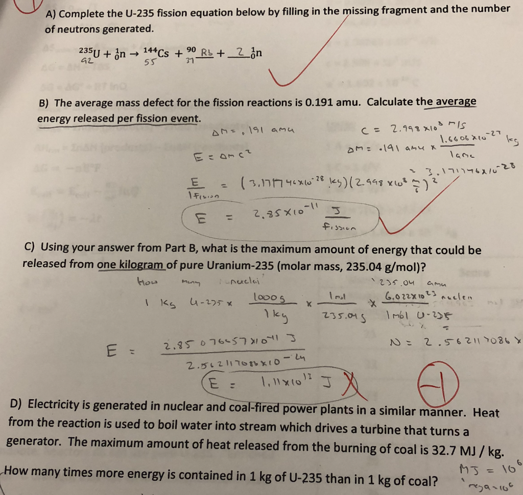Solved A Complete The U 235 Fission Equation Below By Chegg
