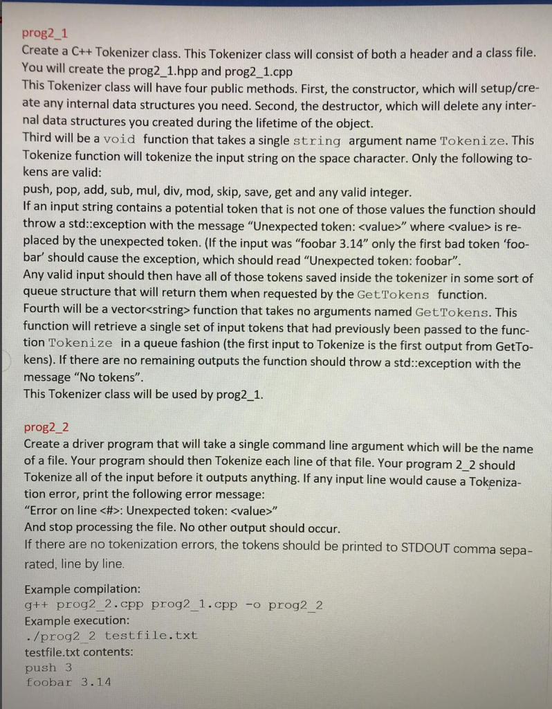 prog2_1 Create a C++ Tokenizer class. This Tokenizer | Chegg.com