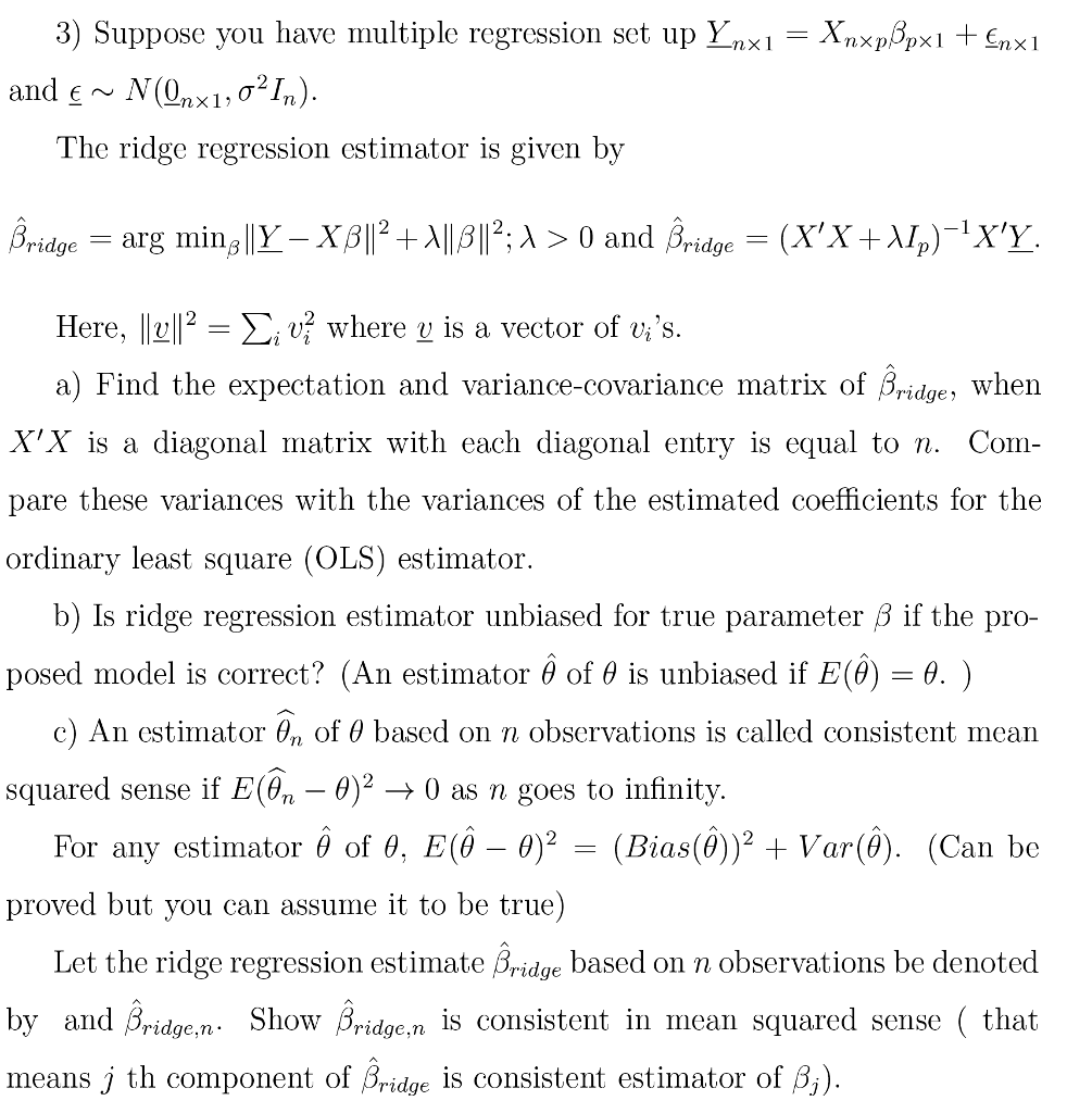 Solved 3) Suppose you have multiple regression set up Ynxi | Chegg.com