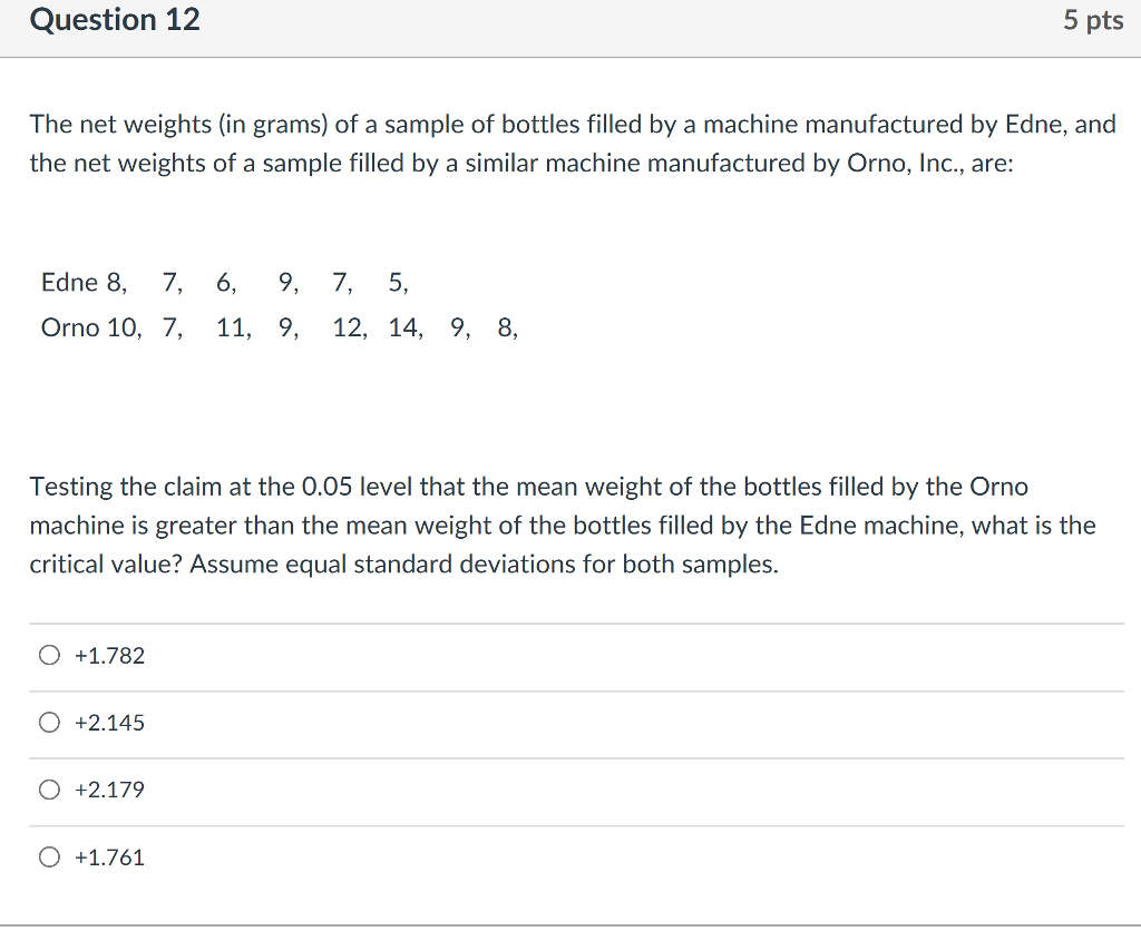 Solved Question 12 5 pts The net weights (in grams) of a | Chegg.com