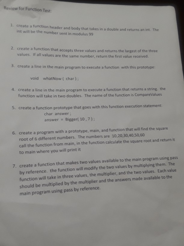 Solved Review for Function Test 1. create a function header | Chegg.com