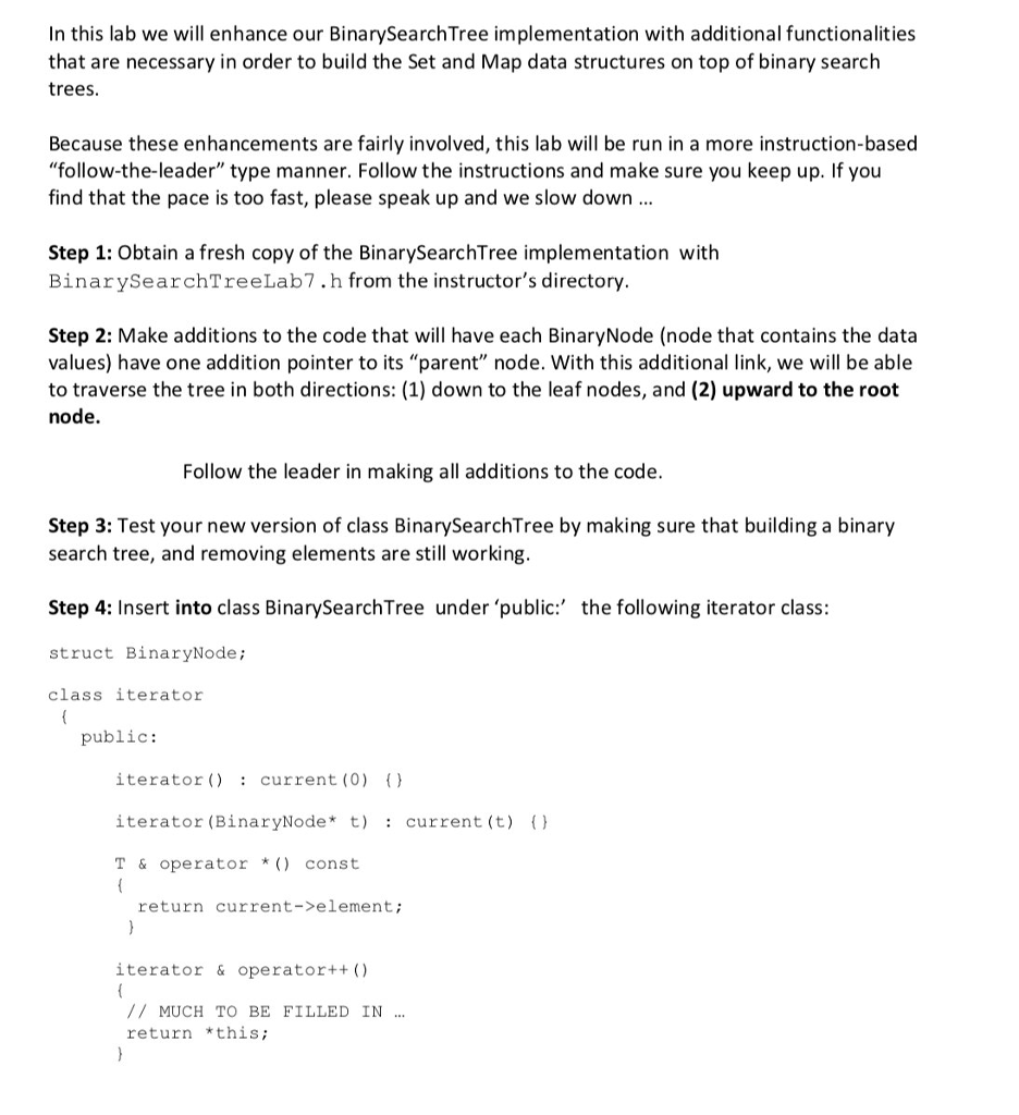 In this lab we will enhance our BinarySearchTree | Chegg.com