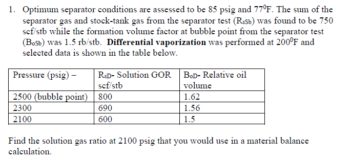 1. Optimum separator conditions are assessed to be 85 | Chegg.com