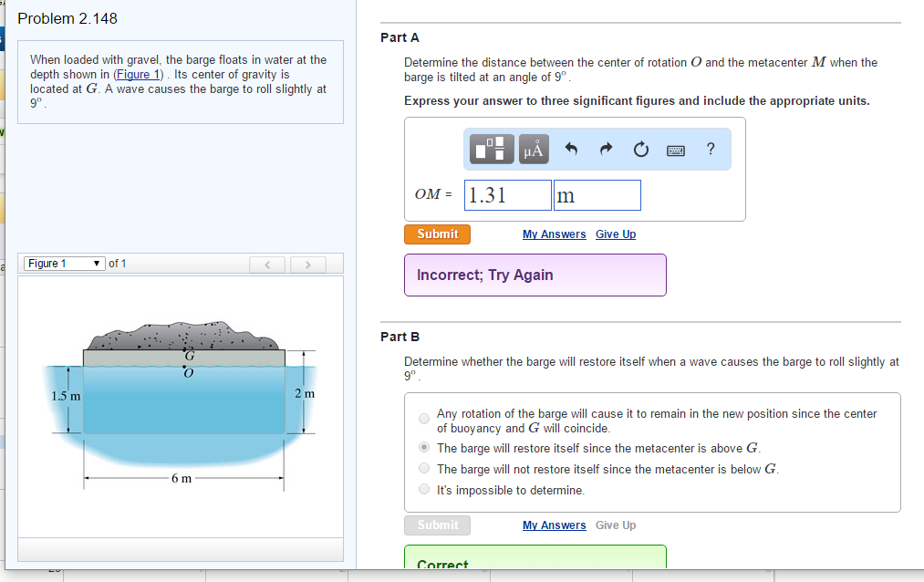 When loaded with gravel, the barge floats in water at | Chegg.com