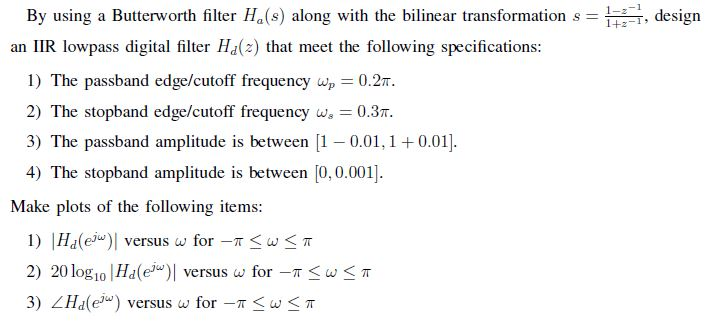 Solved By using a Butterworth filter Ha(s) along with the | Chegg.com