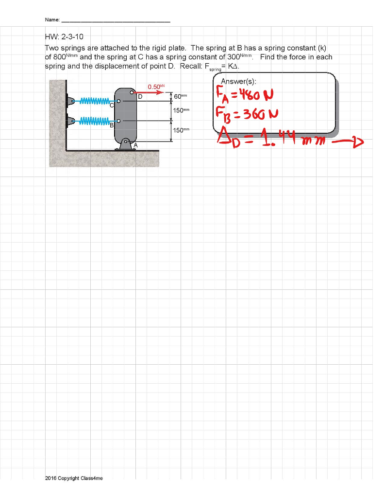 Solved Name: HW: 2-3-10 Two springs are attached to the | Chegg.com