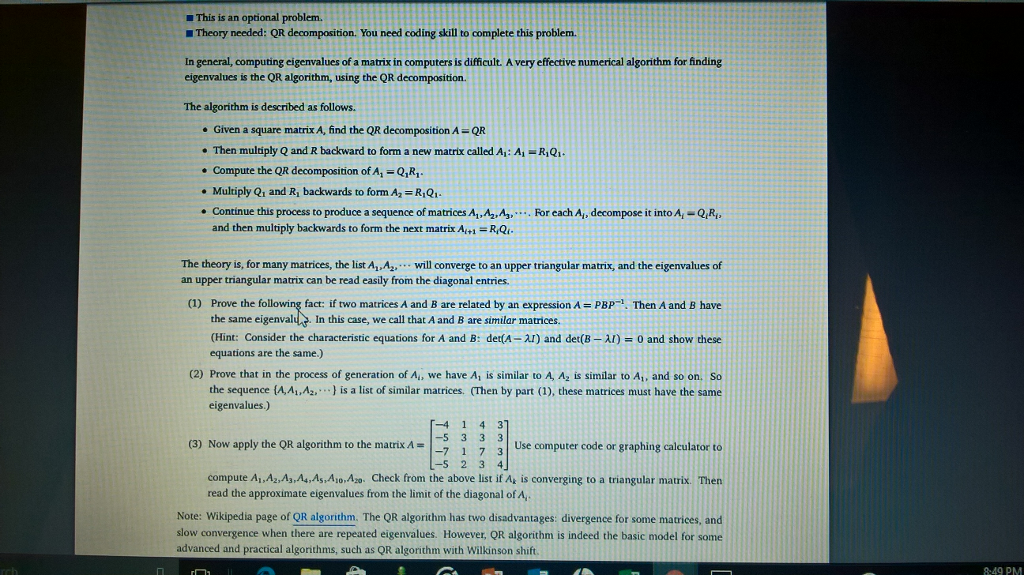 Solved In general, computing eigenvalues of a matrix in | Chegg.com
