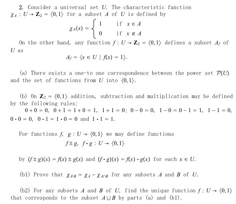 Solved Consider a universal set U. The characteristic | Chegg.com