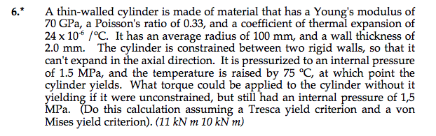 Solved A Thin Walled Cylinder Is Made Of Material That Has A