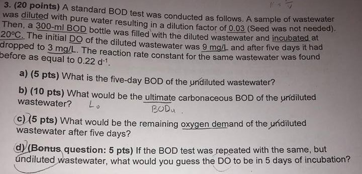 Solved A standard BOD test was conducted as follows. A | Chegg.com