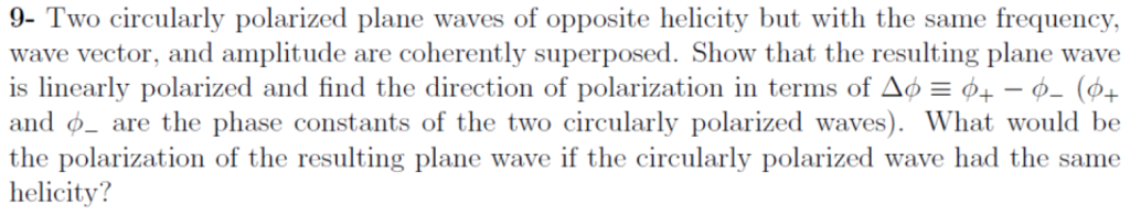 Solved 9- Two circularly polarized plane waves of opposite | Chegg.com