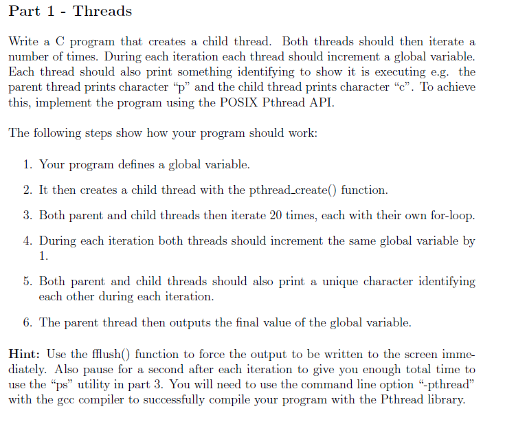 Solved Part 1 Threads Write A C Program That Creates A