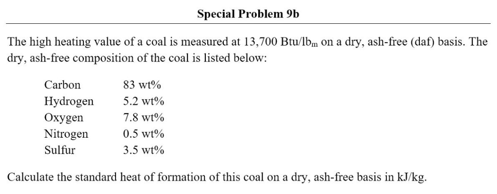 Solved Special Problem 9b The high heating value of a coal | Chegg.com