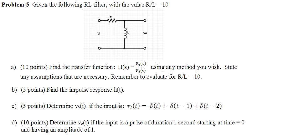 Solved Given the following RL filter, with the value R/L = | Chegg.com