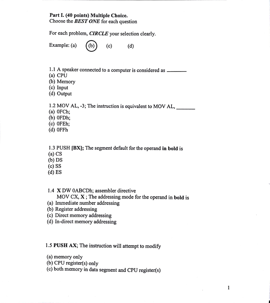 Solved Part I 40 Points Multiple Choice Choose The BEST Chegg