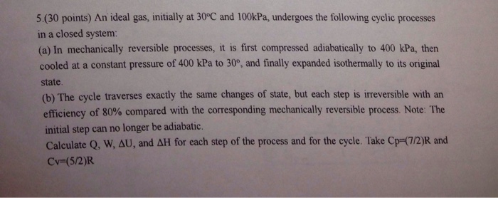 Solved An ideal gas, initially at 30 degree C and 100kPa, | Chegg.com