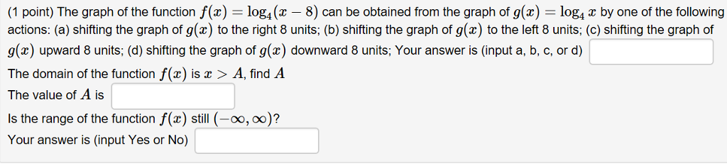 Solved (1 point) The graph of the function f (x) - log4( 8) | Chegg.com