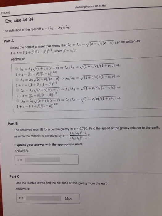 Solved The definition of the redshift z = (lambda_0 - | Chegg.com