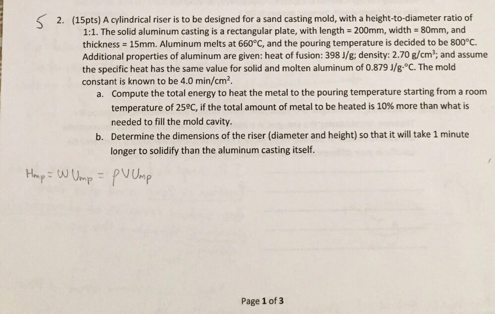 Solved 5 2. (15pts) A cylindrical riser is to be designed | Chegg.com