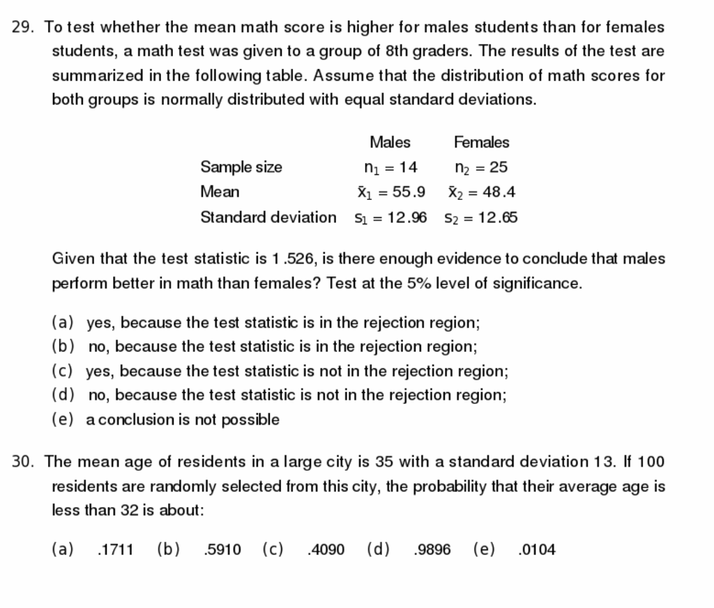 Solved 29. To test whether the mean math score is higher for | Chegg.com