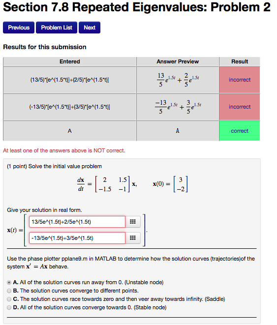 Solved Section 7.8 Repeated Eigenvalues: Problem 2 Previous | Chegg.com