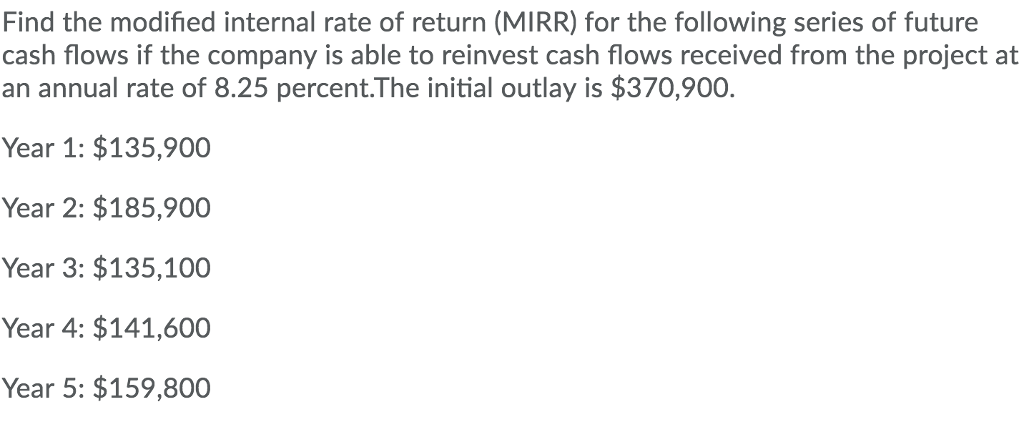 Solved Find the modified internal rate of return (MIRR) for | Chegg.com