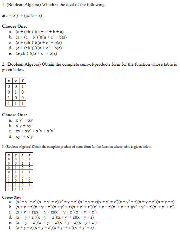 Solved 1. (Boolean Algebra) Which is the dual of the | Chegg.com