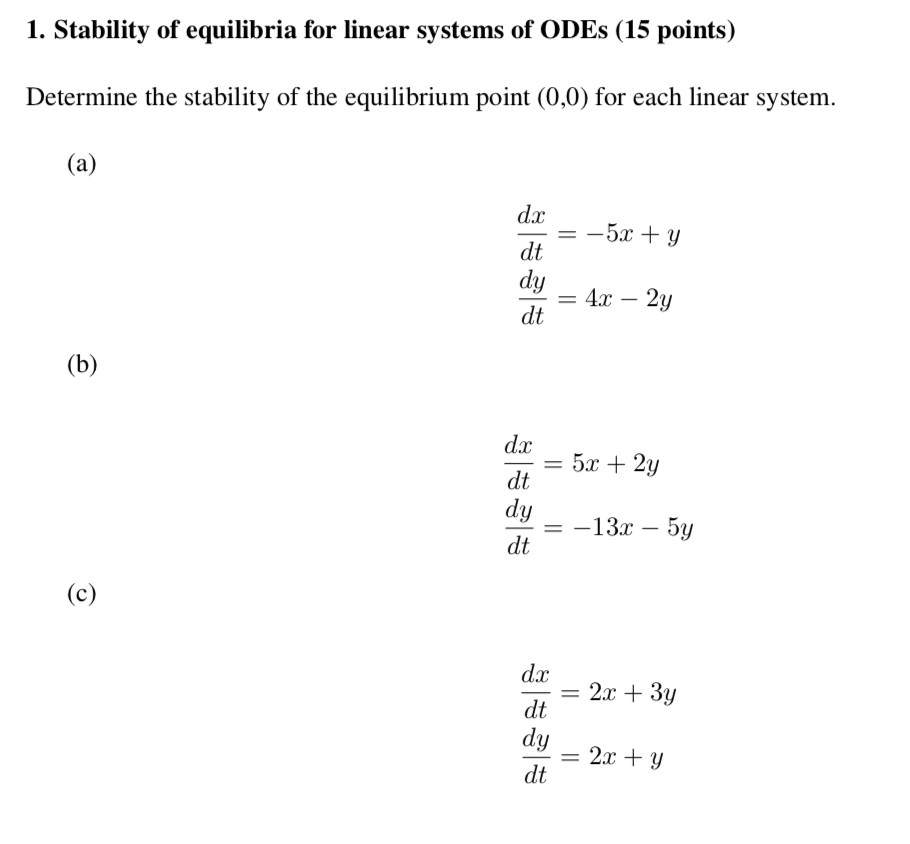 Solved 1. Stability of equilibria for linear systems of ODEs | Chegg.com