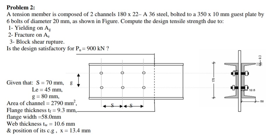Solved Problem 2: A tension member is composed of 2 channels | Chegg.com