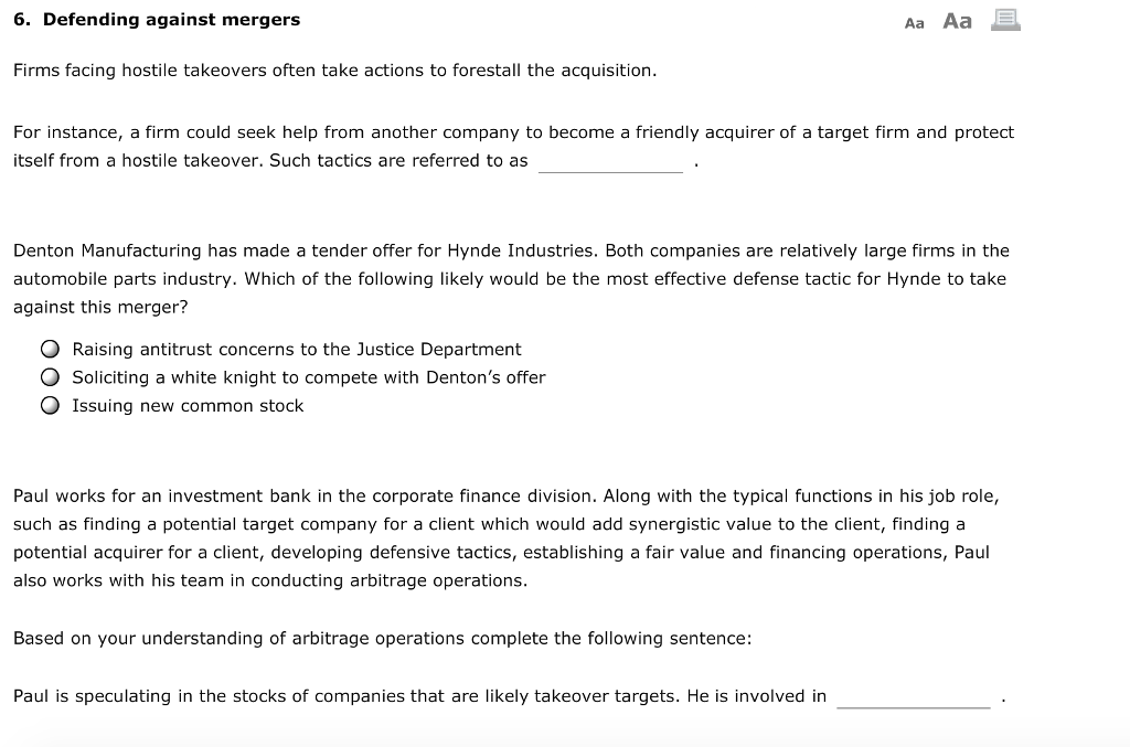 Solved 6. Defending against mergers Firms facing hostile | Chegg.com