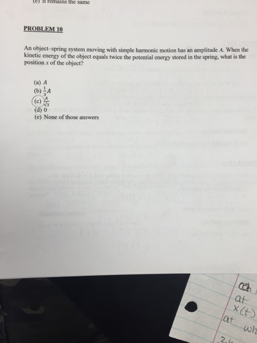 Solved An object spring system moving with simple harmonic | Chegg.com