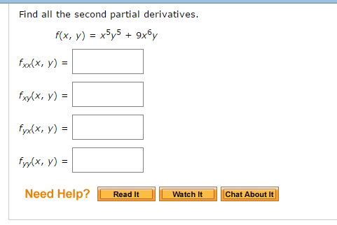 Solved Find all the second partial derivatives. f(x, y) = | Chegg.com