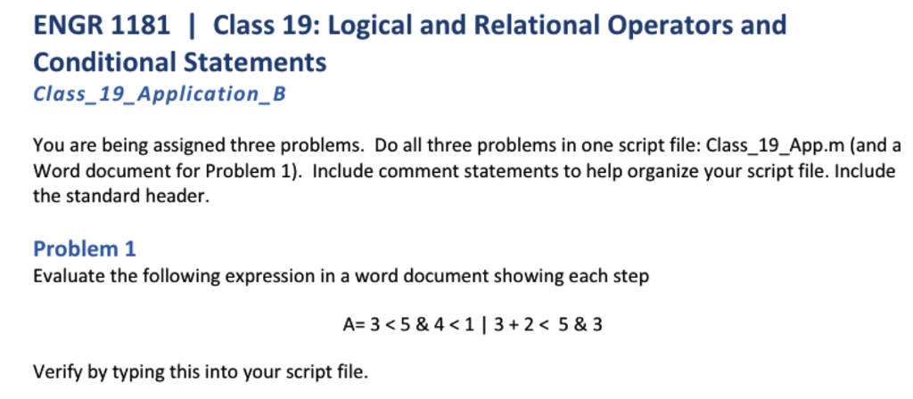 Solved ENGR 1181 | Class 19: Logical and Relational | Chegg.com