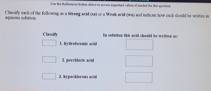 Solved Classify each of the following as a Strong acid (sa) | Chegg.com