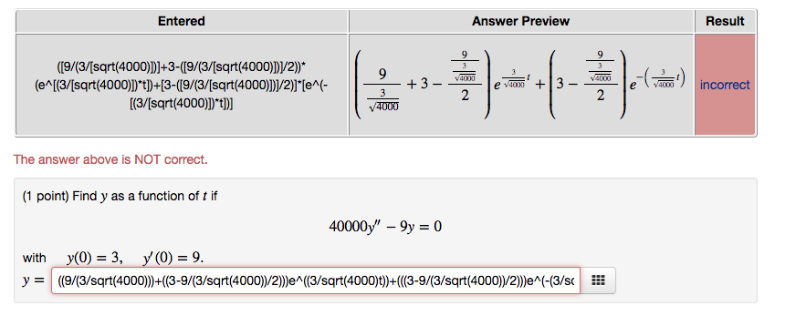 Solved Find y as a function of t if 40000y"-9y = 0 with | Chegg.com