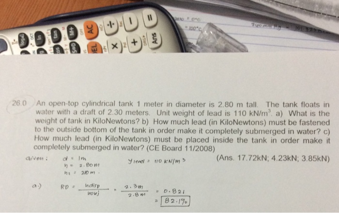 Solved 26 0 An open-top cylindrical tank 1 meter in diameter | Chegg.com