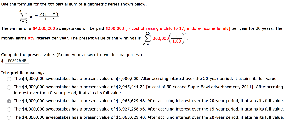 Solved Use the formula for the nth partial sum of a | Chegg.com