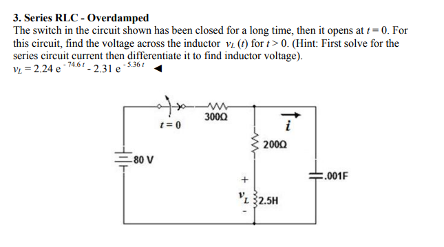 Solved 3. Series RLC- Overdamped The switch in the circuit | Chegg.com