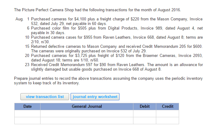 Solved The Picture Perfect Camera Shop had the following | Chegg.com